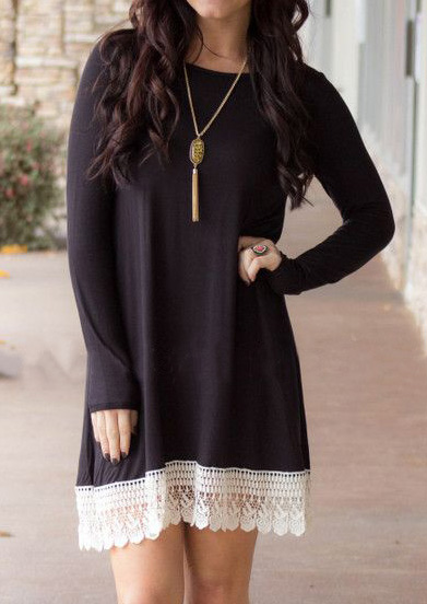 Lace Splicing Long Sleeve Dress Without Necklace Fairyseason