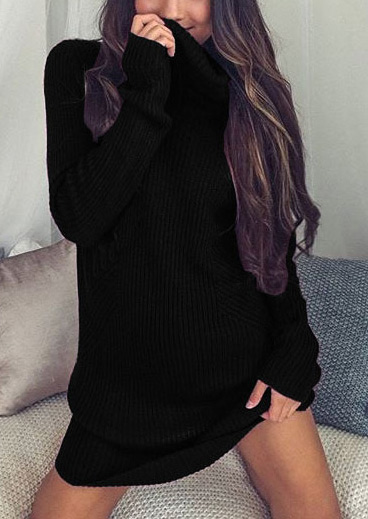 Solid Long Sleeve Turtleneck Knitted Mini Dress Fairyseason