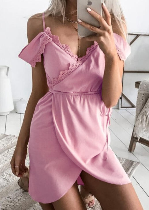 Solid Lace Splicing Tie Mini Dress Fairyseason
