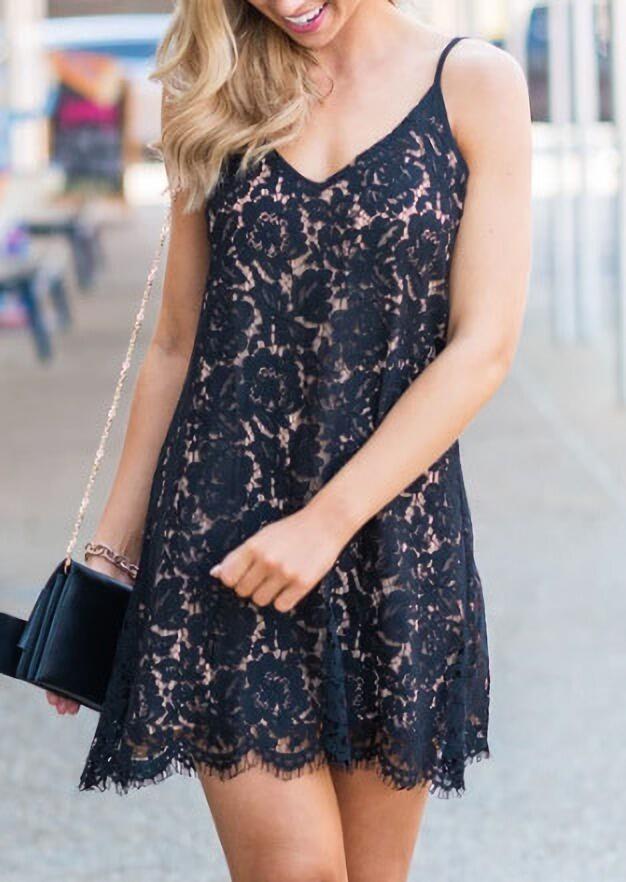Lace Splicing Spaghetti Strap Mini Dress Black Fairyseason