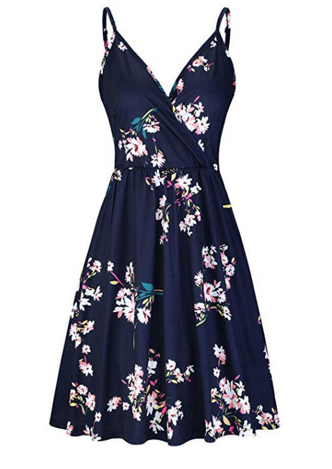 Floral Spaghetti Strap Mini Dress Without Necklace Navy Blue
