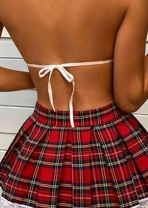 3pcs Necktie Lace Bra And Plaid Lace Splicing Mini Skirt Lingerie Set