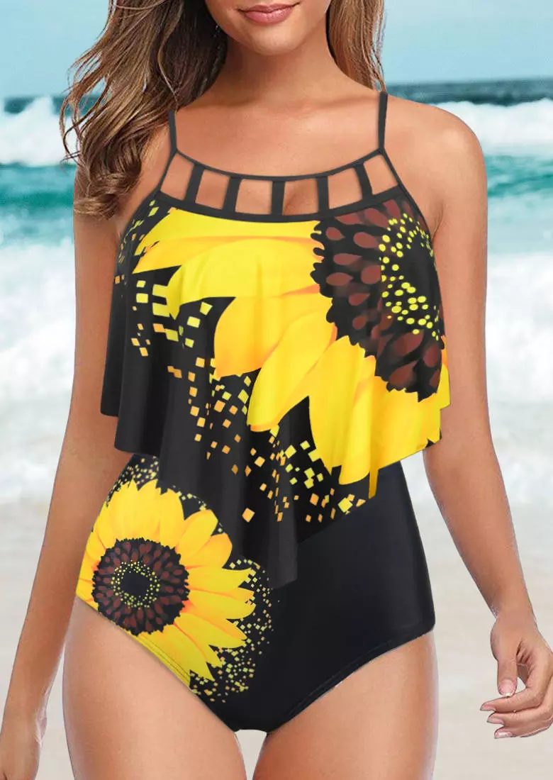 Sunflower Hollow Out Tankini Set Black Fairyseason