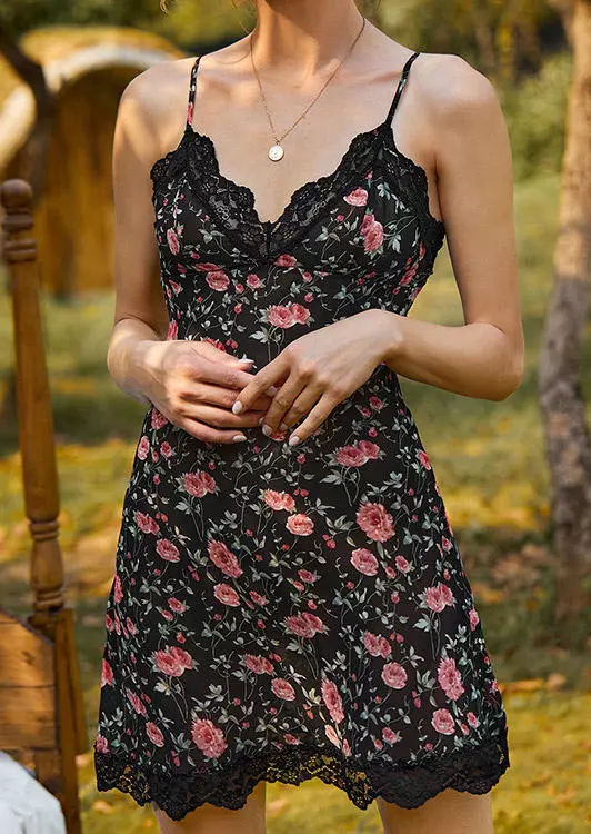 Floral Lace Splicing Spaghetti Strap Mini Dress Black Fairyseason